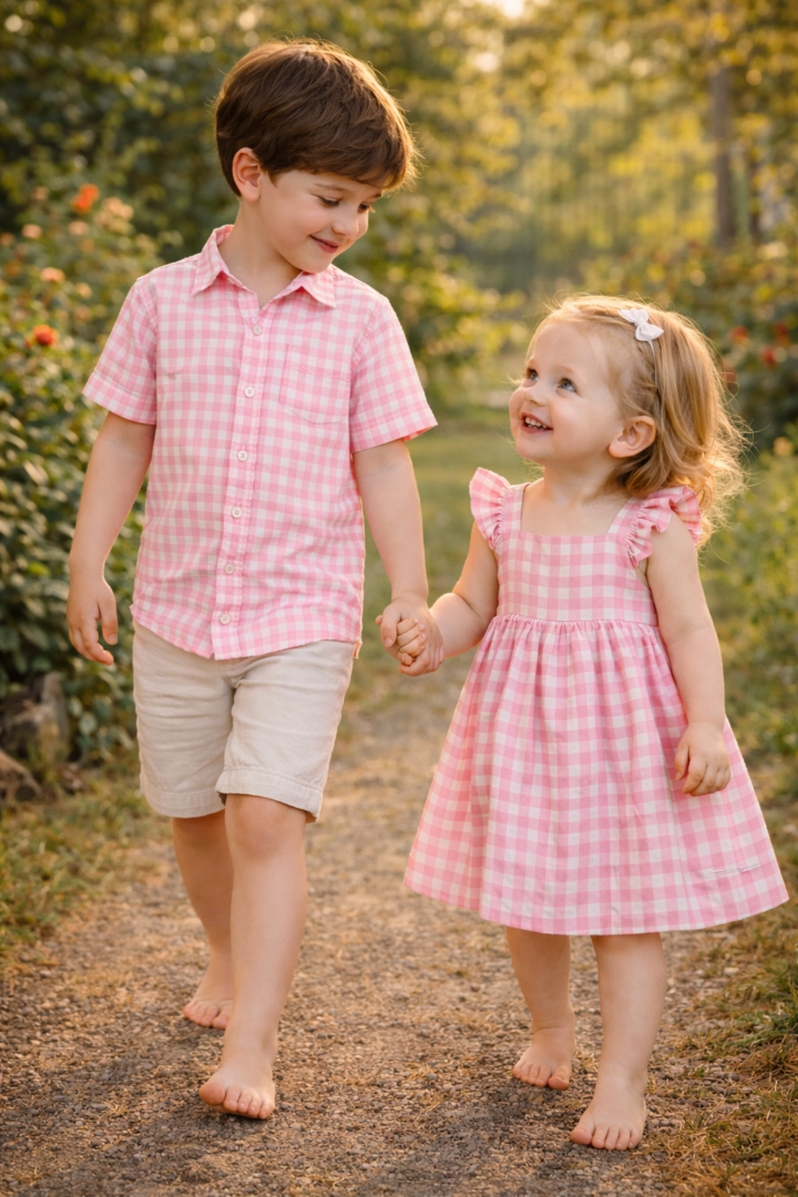 Brother & Sister Matching Outfit - Pink Gingham - Tiny Tots Kids